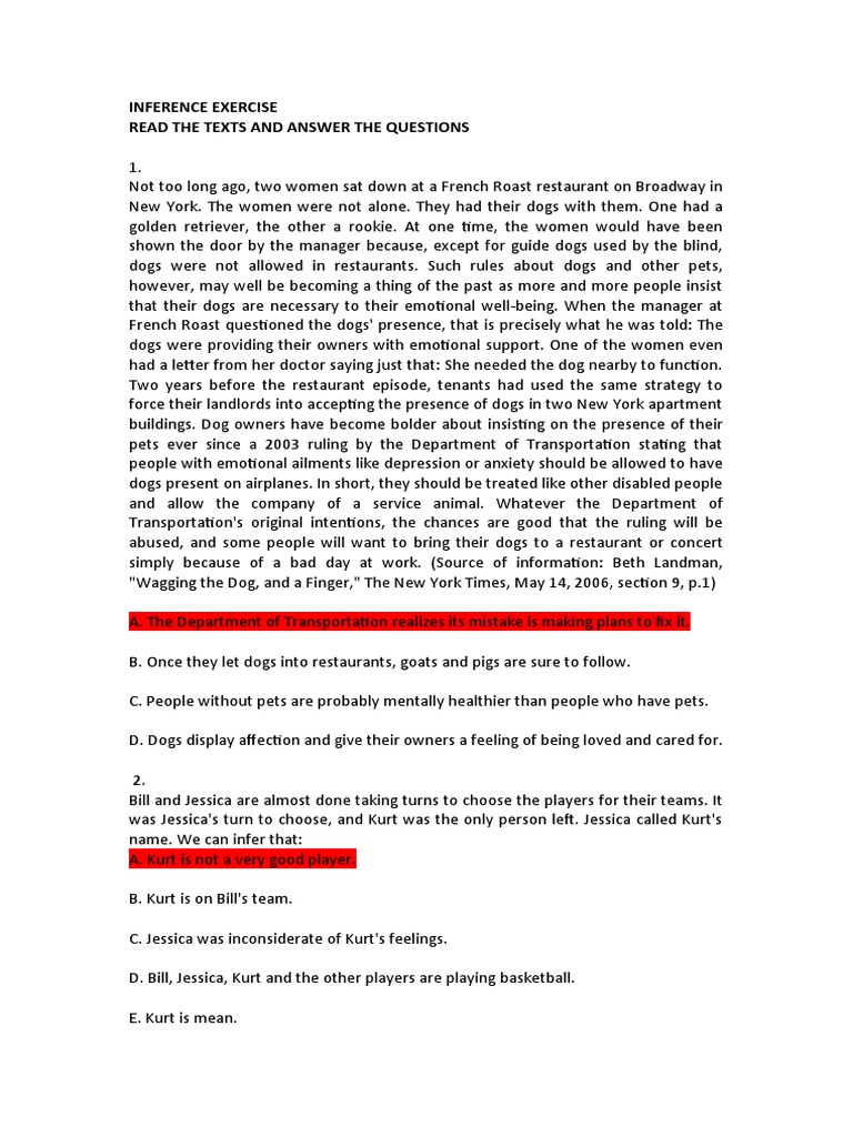 Inference Exercise Read The Texts and Answer The Questions | PDF ...