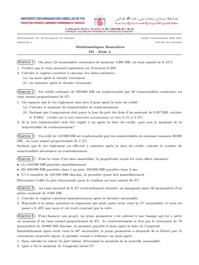 TD2 Maths Fin 2020-21 (Enoncé + Corrigé) | PDF | Crédit | Finance et gestion monétaire