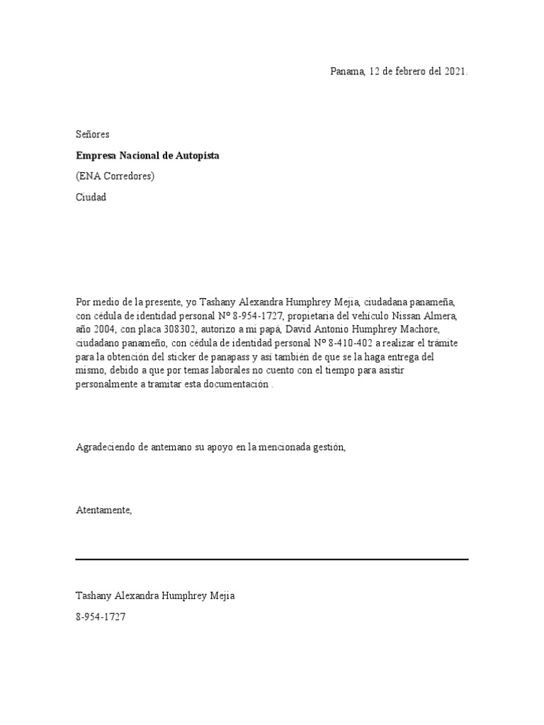 Carta de autorización para Panapass | PDF
