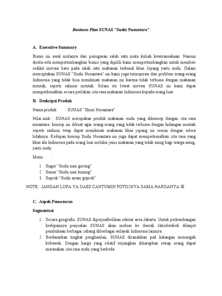 Rencana Bisnis Sushi Nusantara SUNAS | PDF | Memasak, Makanan, & Anggur