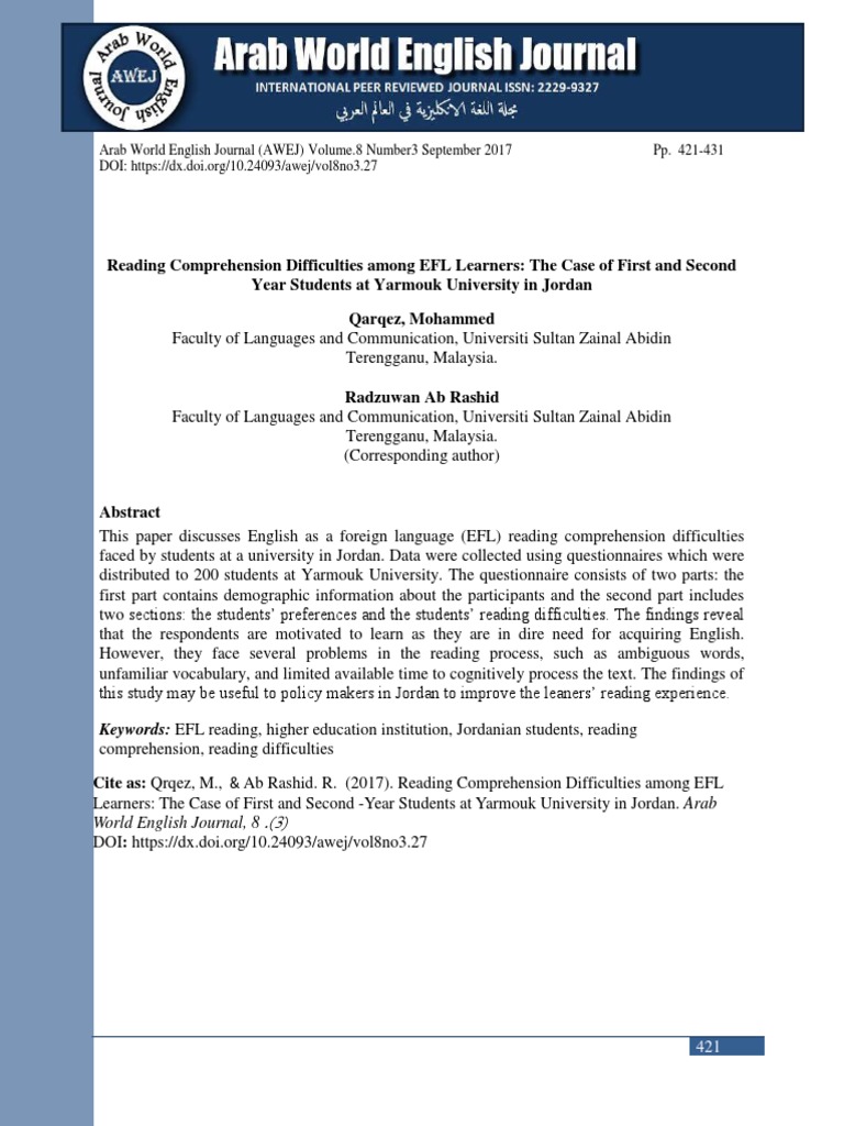 Reading Comprehension Difficulties Among EFL Learners: The Case of ...