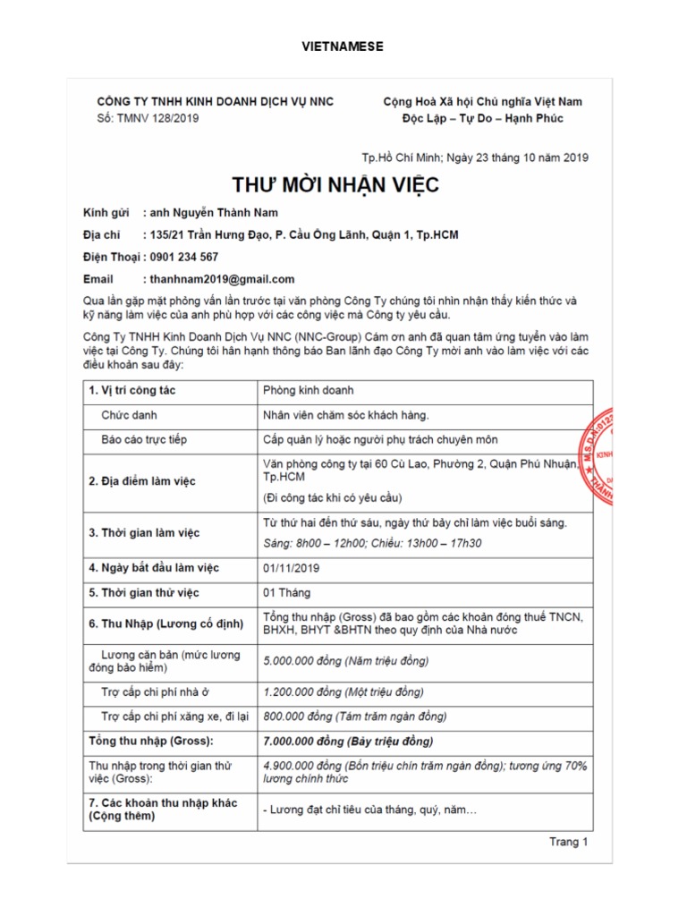 Sample For Offer Letter (Vietnamese) | PDF