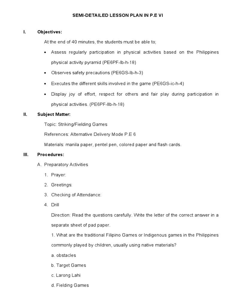 Semi-Detailed PE Lesson Plan: Shatong | PDF | Batting (Baseball) | Softball