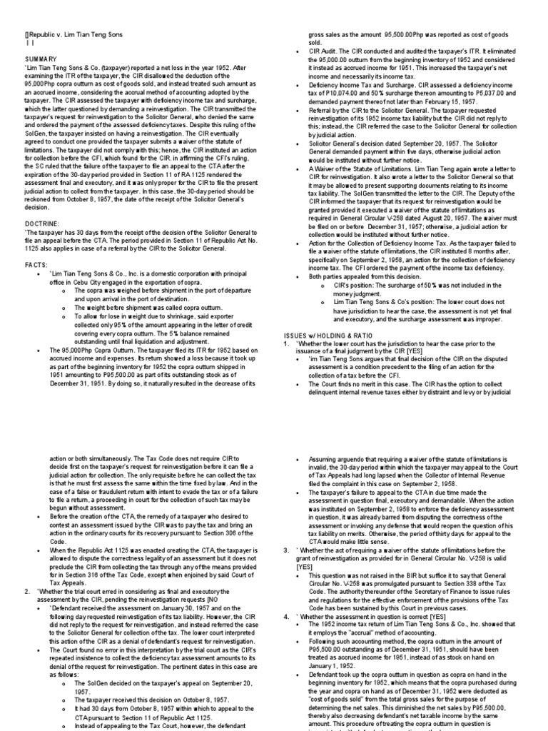 Tax Collection Case: Lim Tian Teng Sons | PDF | Taxpayer | Internal ...