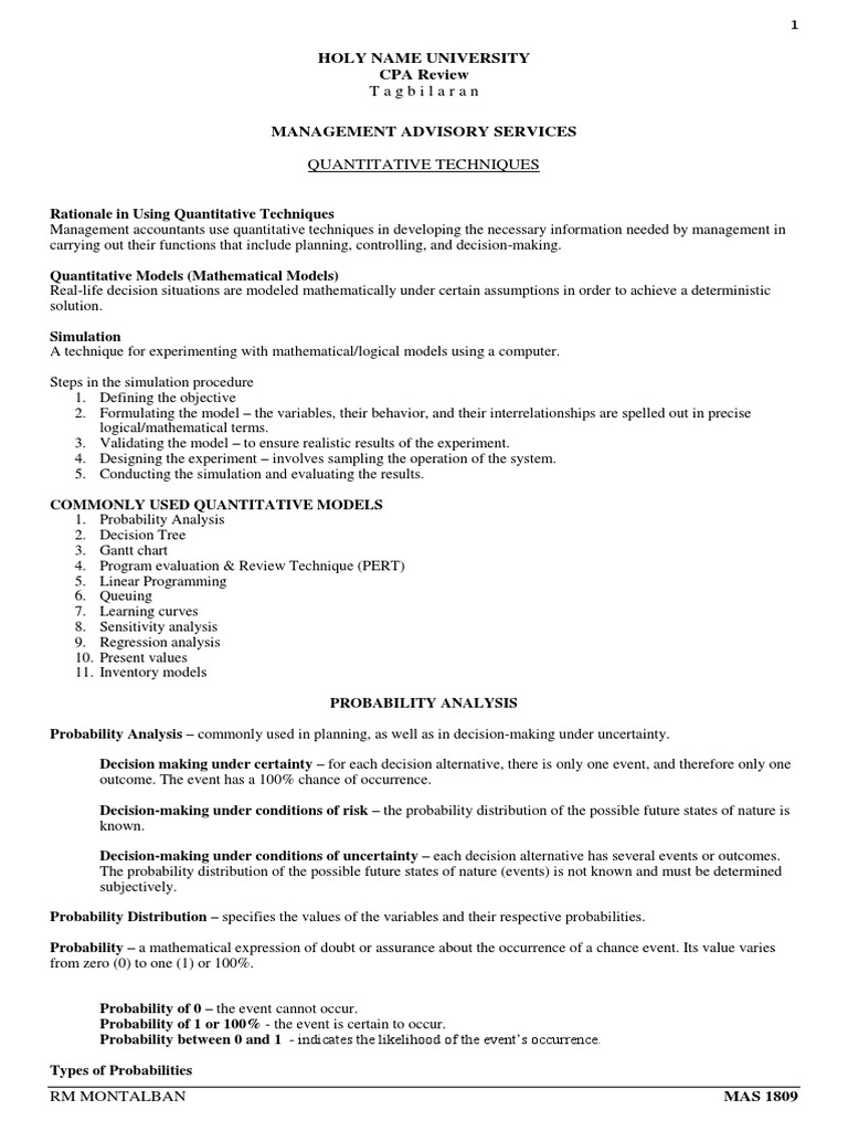 Quantitative Techniques for Management Decision Making: A Comparison of Probability Analysis ...
