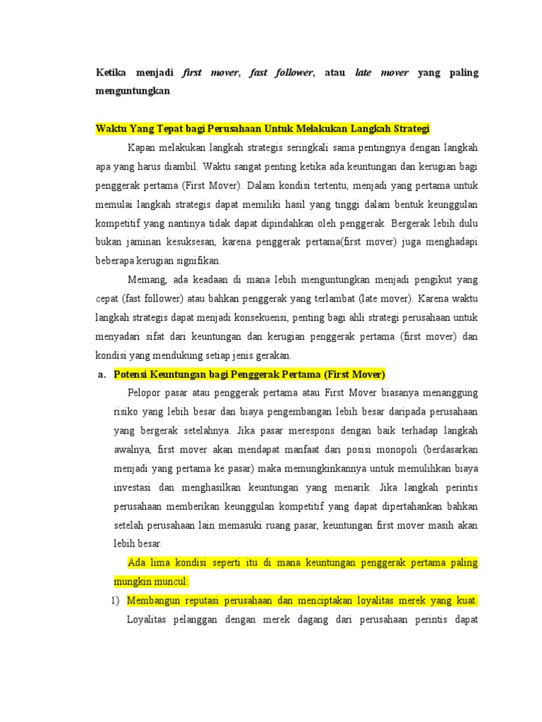 First Mover, Fast Follower, Atau Late Mover | PDF