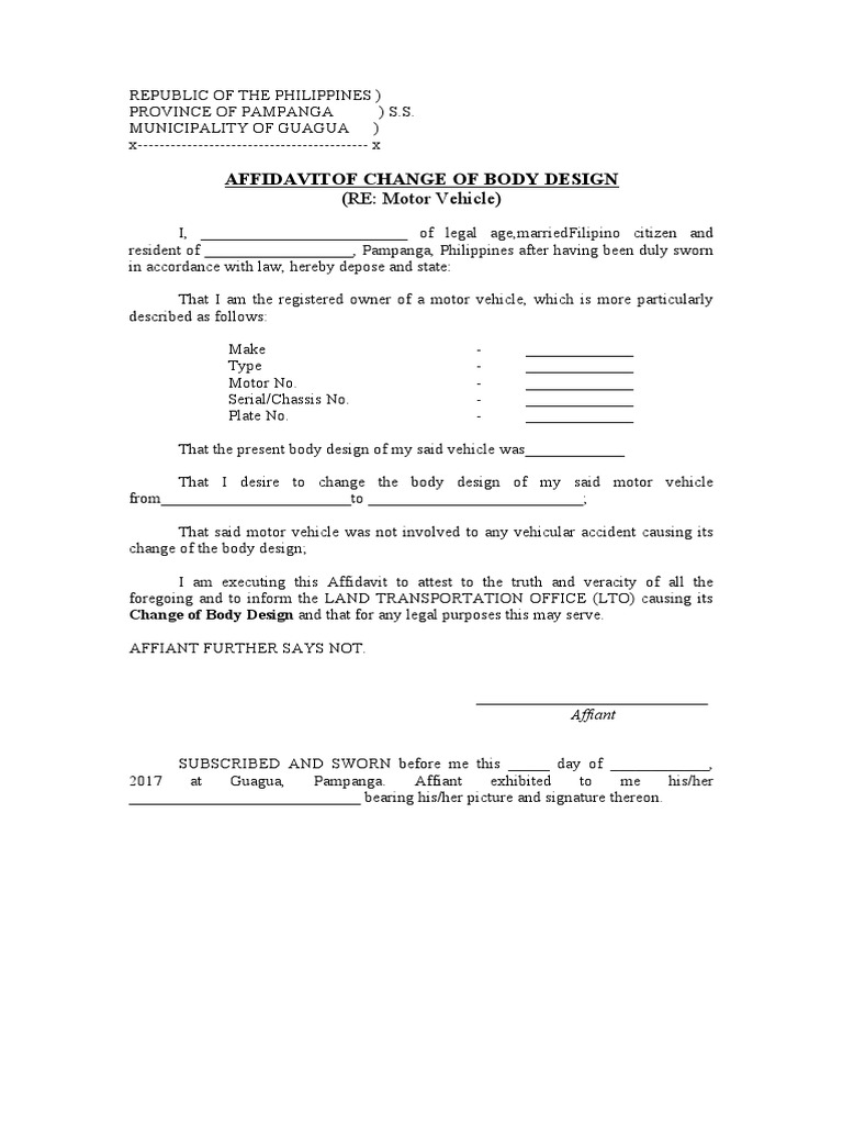 Affidavit of Change of Body Design