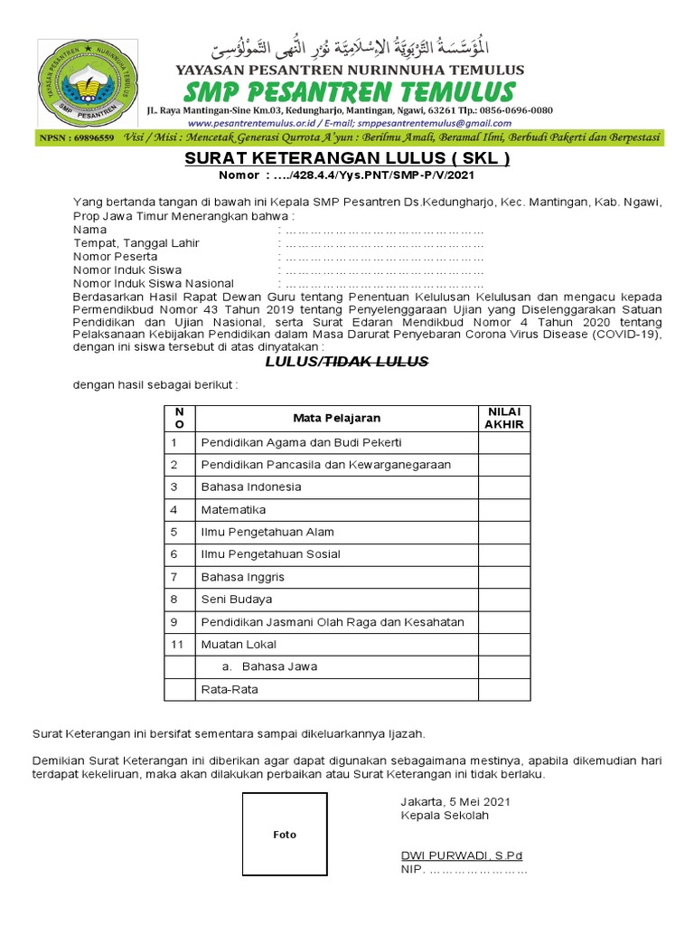 Surat Keterangan Lulus (SKL) SD, SMP, SMA, SMK 2021 | PDF