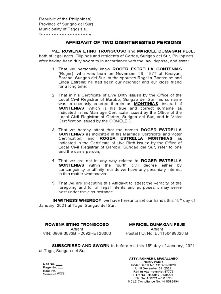 Affidavit - Erroneous Entry - Gontenias | PDF | Marriage, Unions And ...