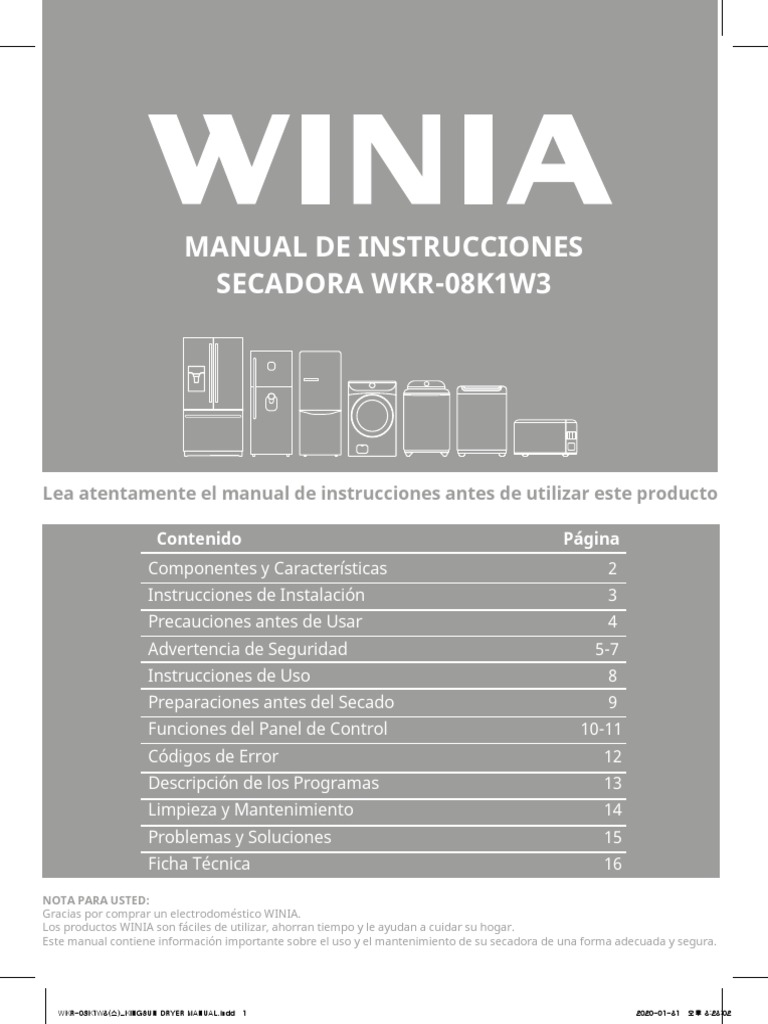 WKR-08K1W3 - Manual de Usuario WINIA | PDF | Secadora de ropa | Agua