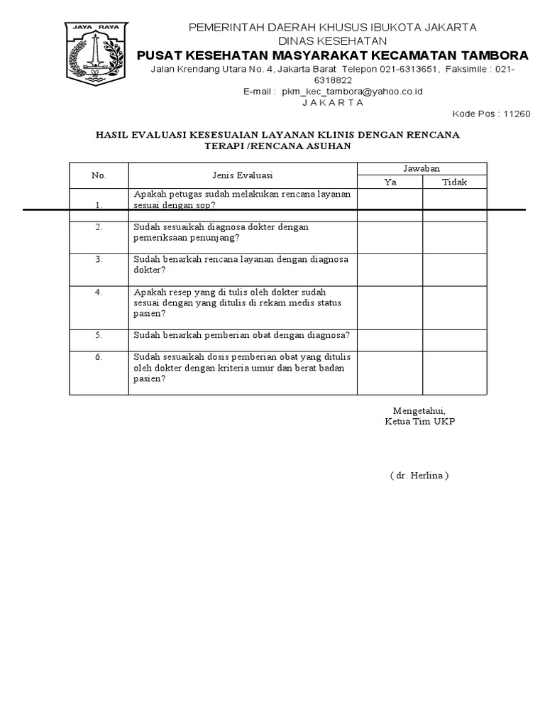 Lembar Ceklis Evaluasi Kesesuaian Layanan Klinis Dengan Rencana Terapi Dan Rencana Asuhan | PDF ...