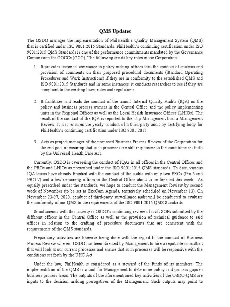 ADL's QMS Activities Updates To The New Management | PDF | Quality ...