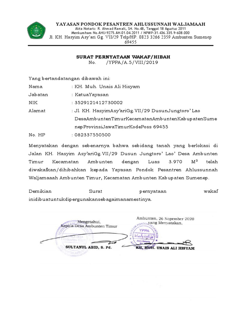 Surat Pernyataan Wakaf Yayasan | PDF