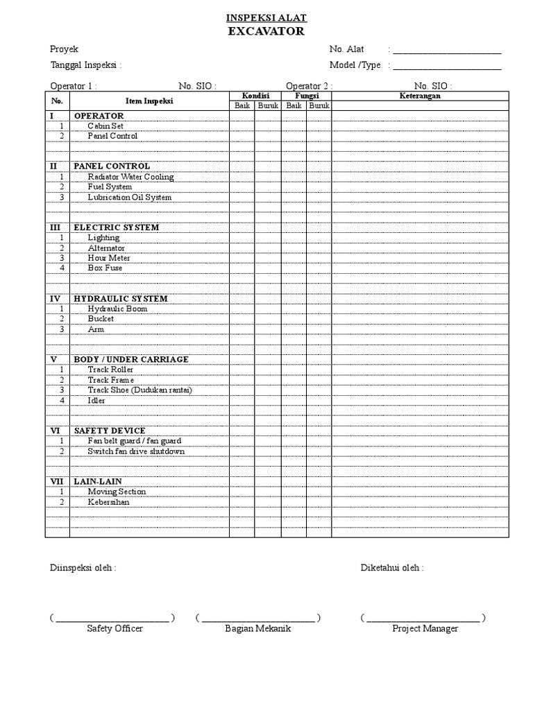 Form Inspeksi Excavator | PDF