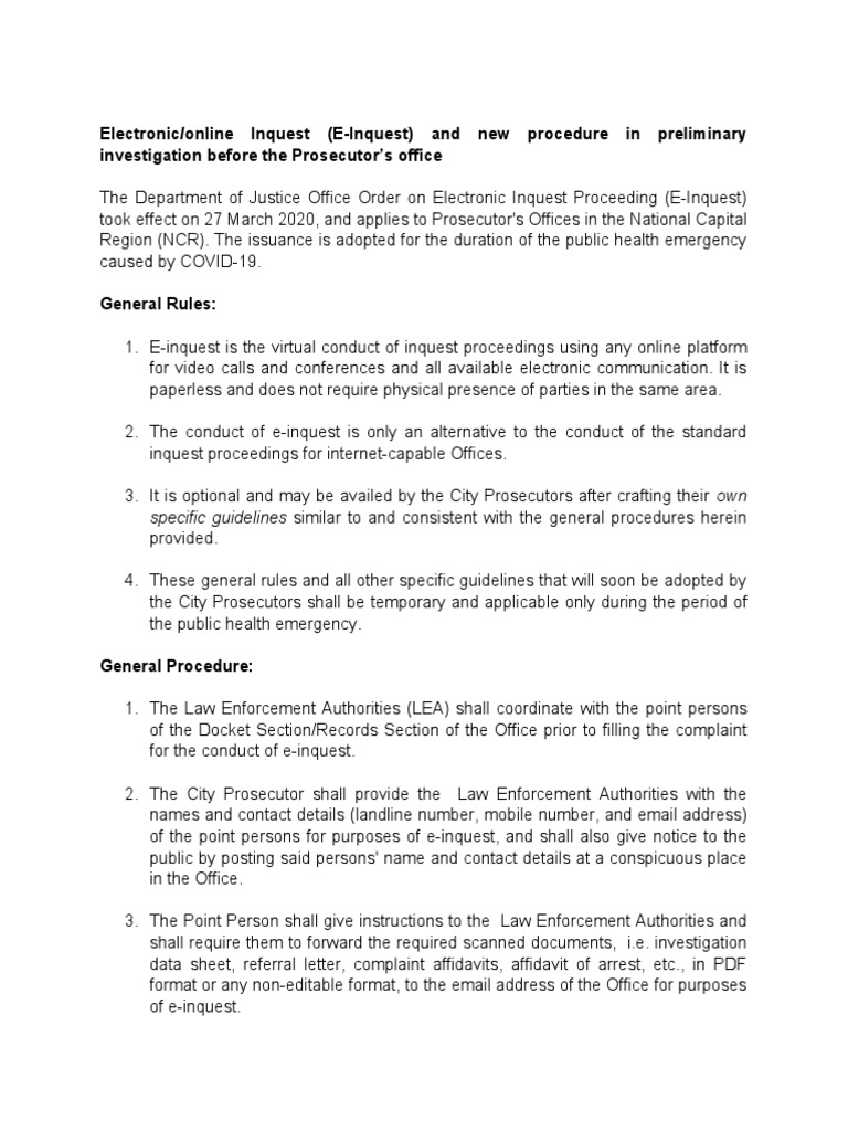 E-Inquest and Preliminaries Investigation | PDF | Prosecutor | Criminal ...
