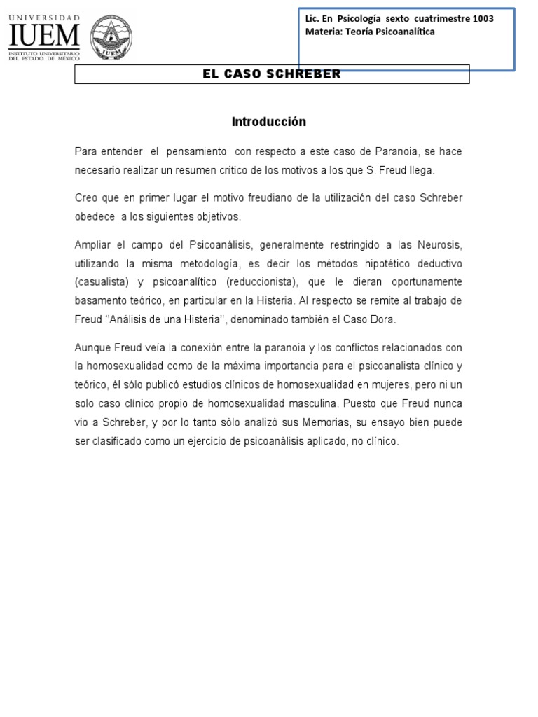 El Caso Schreber | PDF | Psicoanálisis | Sigmund Freud