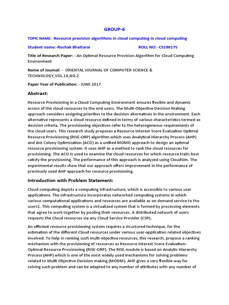 Case Study On Resource Provisioning Algorithm | PDF | Cloud Computing | Mathematical Optimization