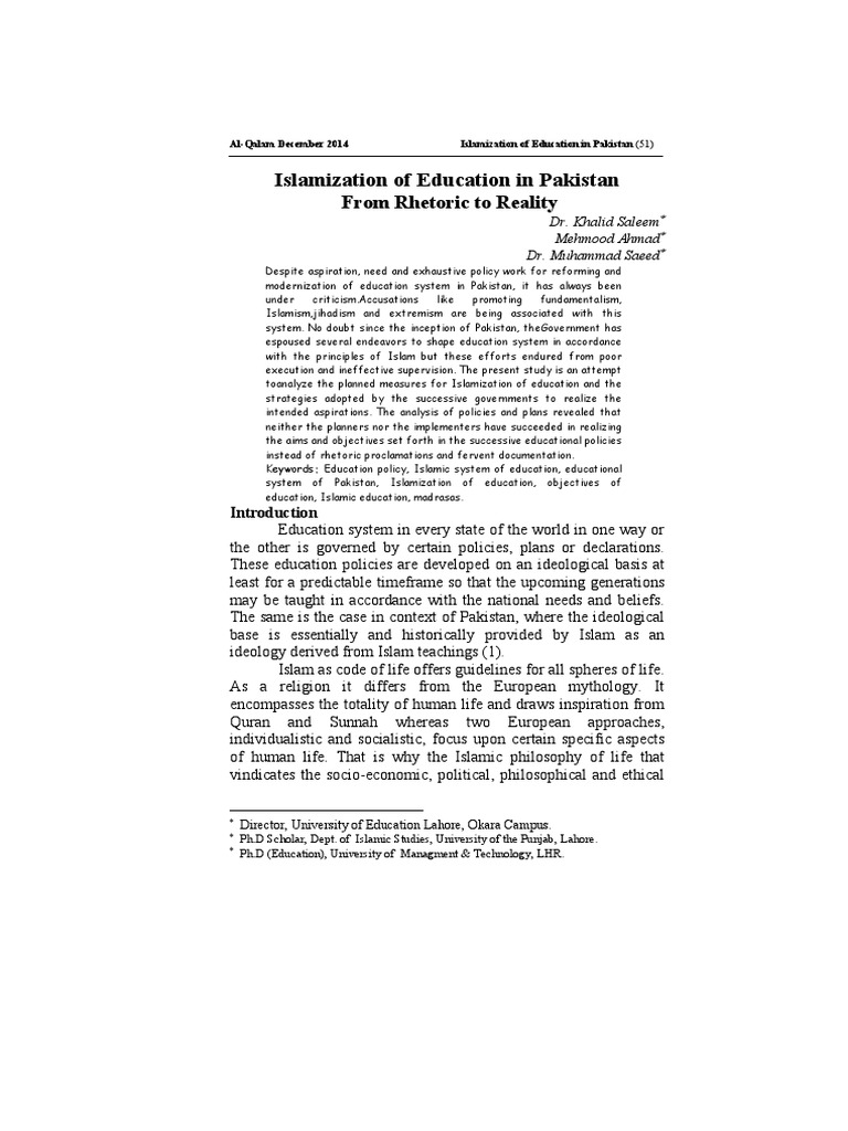 Islamization of Education in Pakistan: From Rhetoric To Reality | PDF ...
