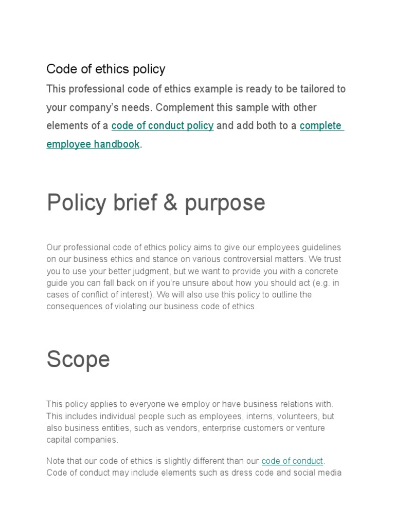 Policy Brief & Purpose: Code of Ethics Policy | PDF | Policy | Business ...
