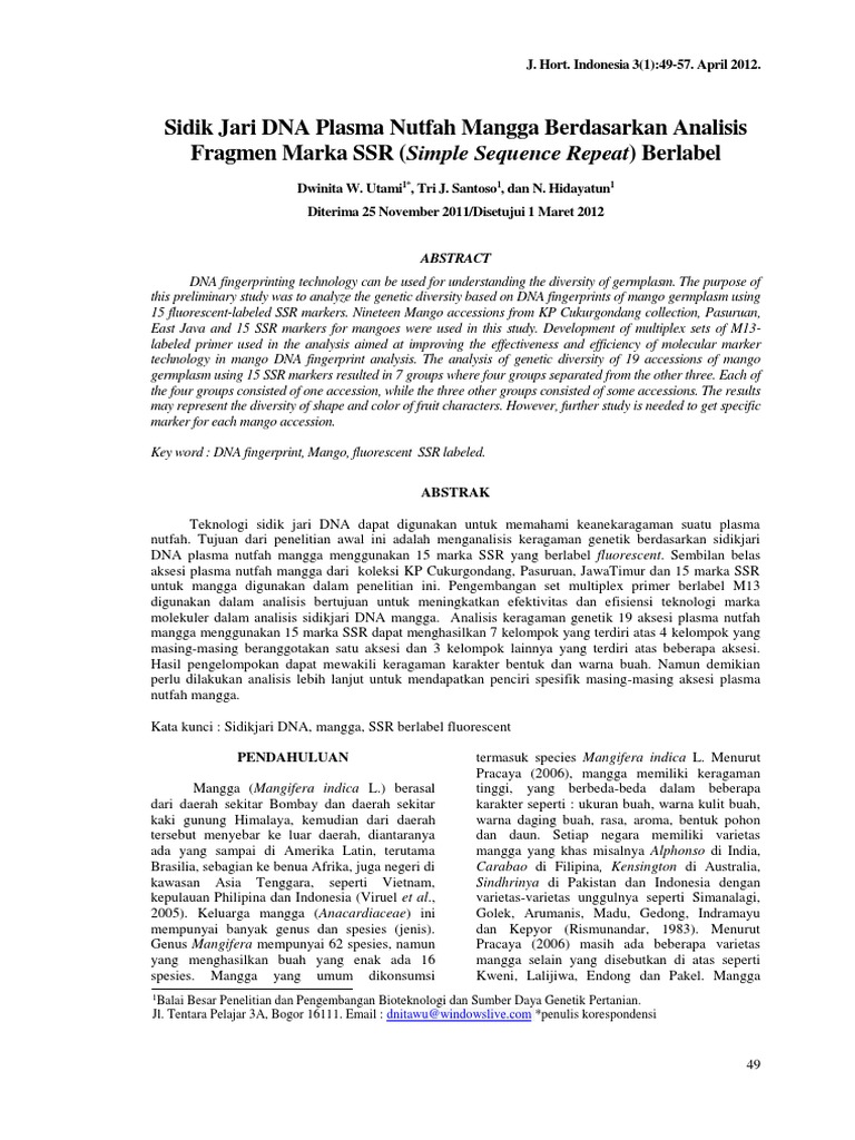 Sidik Jari DNA Plasma Nutfah Mangga Berdasarkan Analisis Fragmen Marka ...