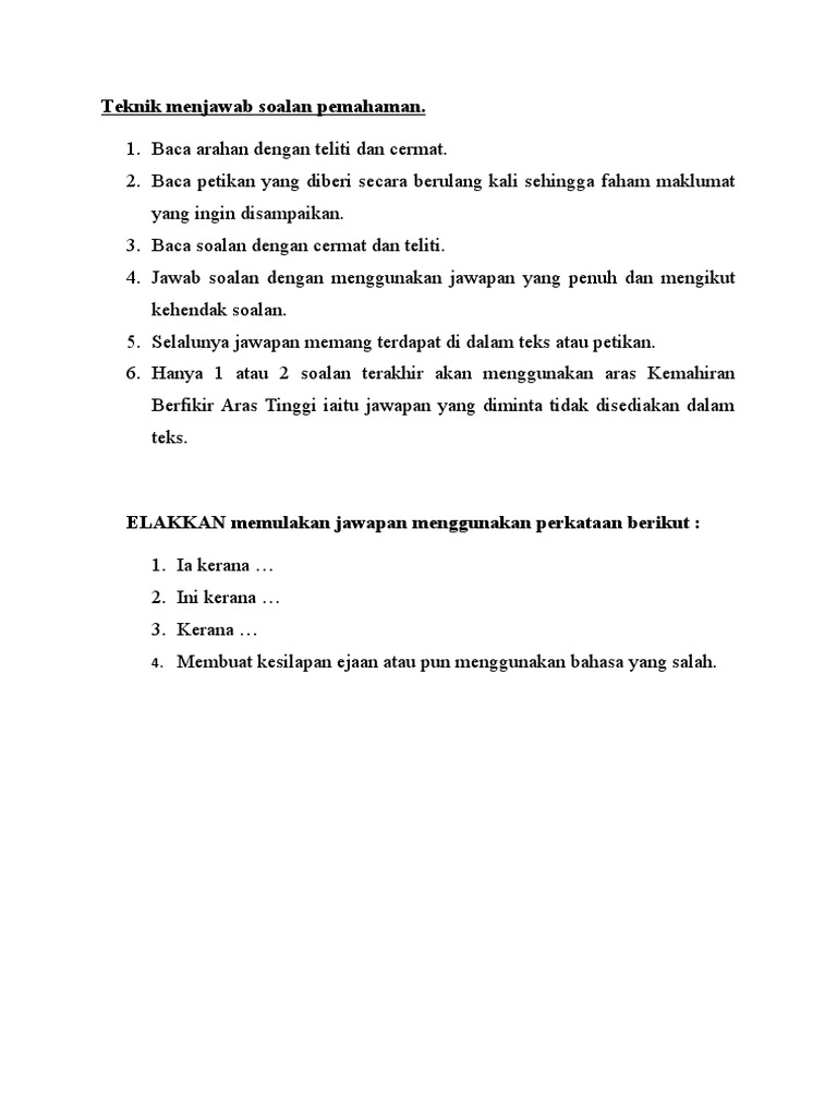Nota Ringkas Teknik Menjawab Soalan Pemahaman | PDF