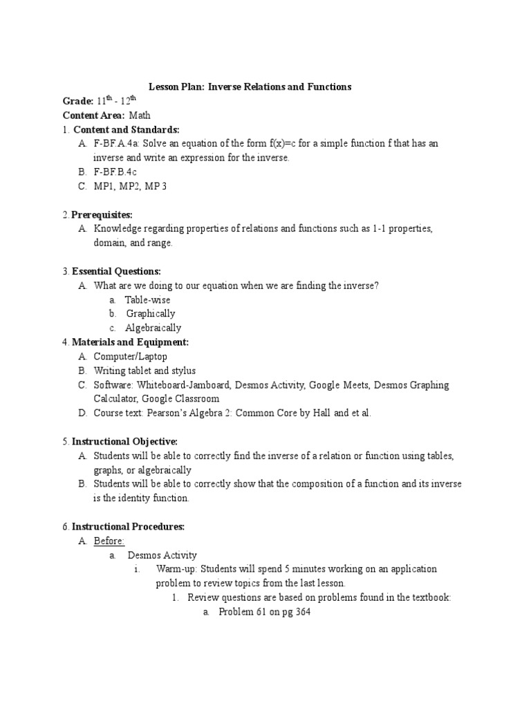 Lesson Plan Inverse Relations and Functions 6 | PDF | Function ...
