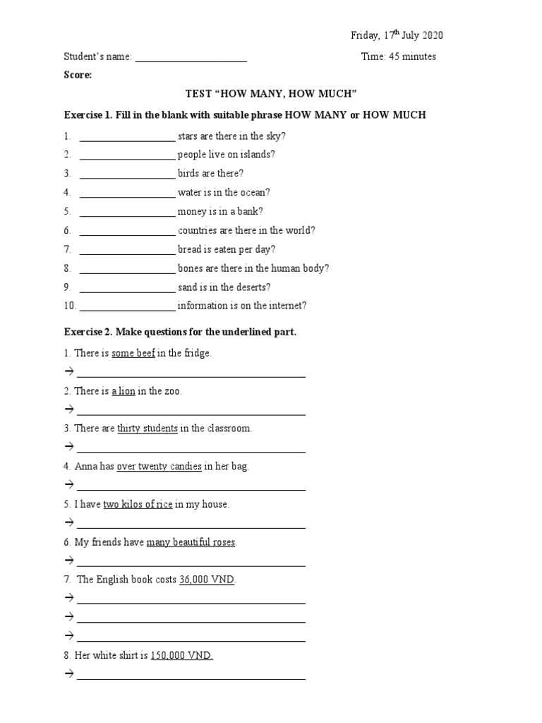 Test How Much How Many | PDF