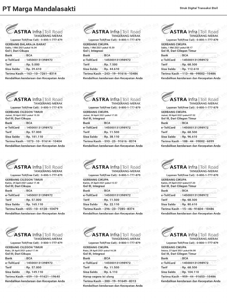 Struk Transaksi ASTRA Infra Toll Road | PDF