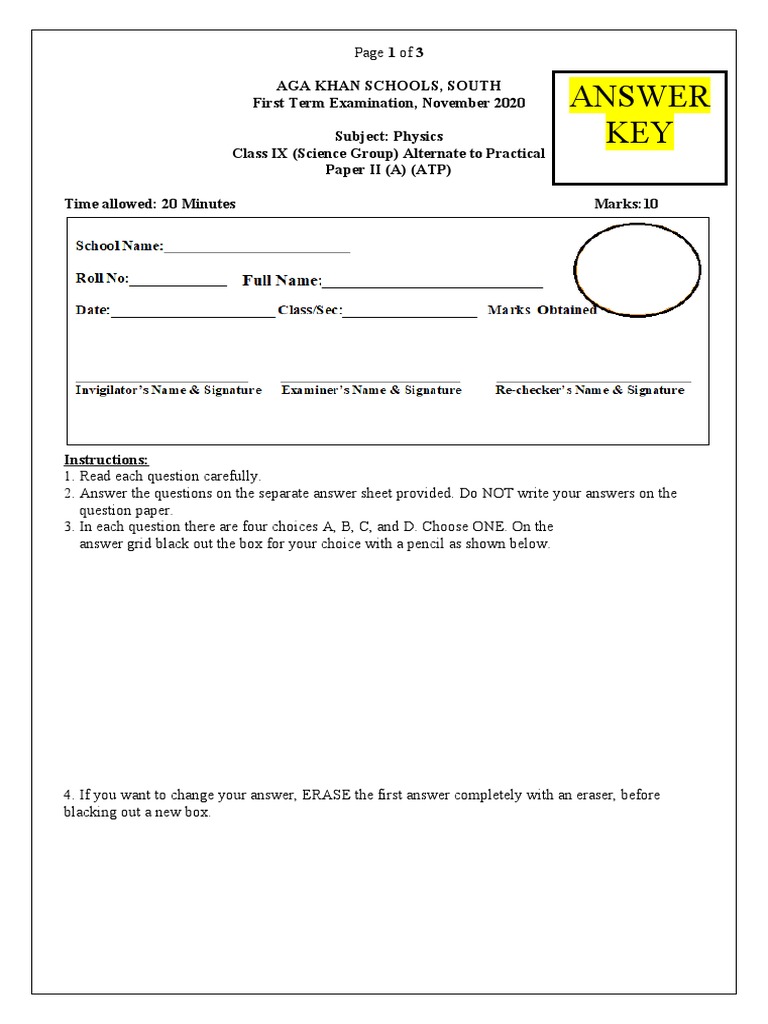Physics Paper II A Grade IX ATP Answer Key | PDF | Acceleration | Quantity