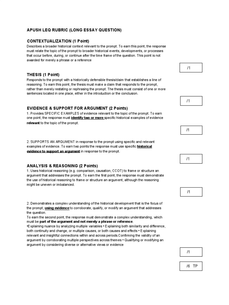 Apush Leq Rubric (Long Essay Question) Contextualization (1 Point ...