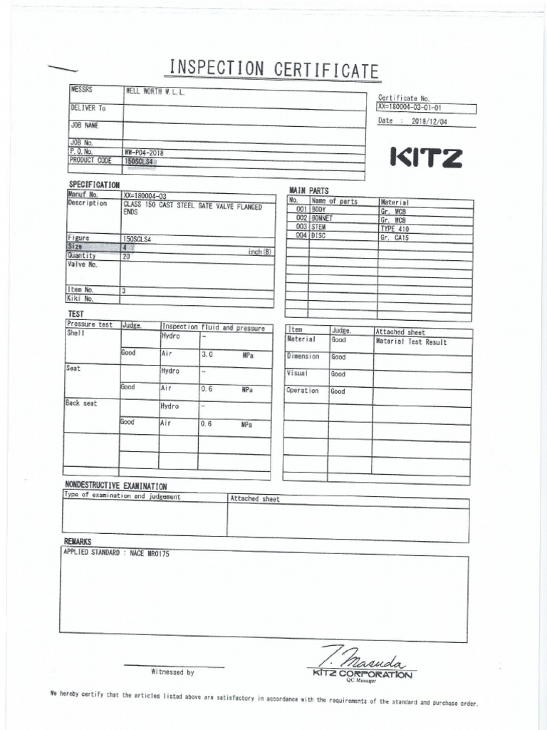 4 Inch Gate Valve MTC | PDF