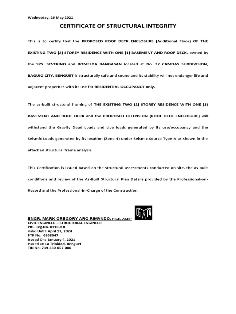 Certificate of Structural Integrity: Wednesday, 26 May 2021 | PDF