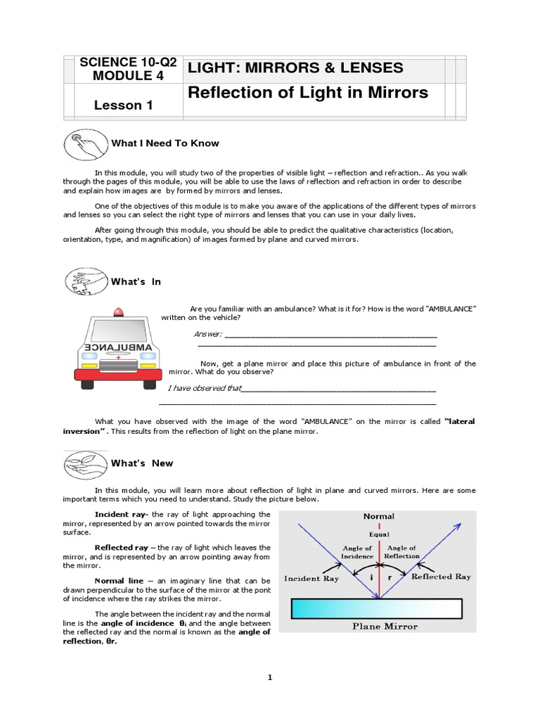 Reflection in Mirrors: Grade 10 Module 4 | PDF | Mirror | Reflection ...