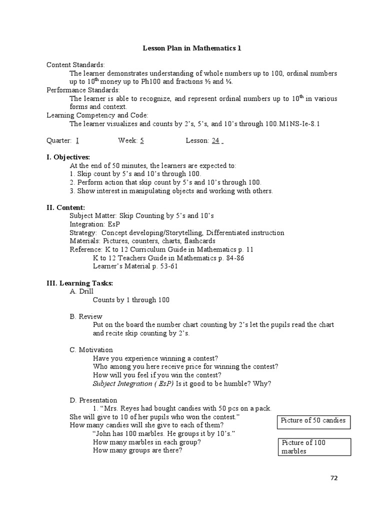 Lesson Plan in Mathematics 1: Subject Integration (Esp) Is It Good To ...