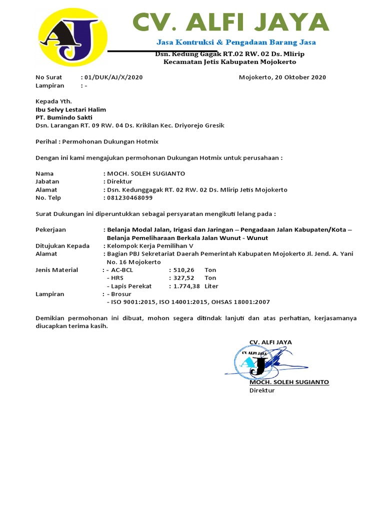 Permohonan Dukungan & Sewa Alat CV. Alfi Jaya | PDF