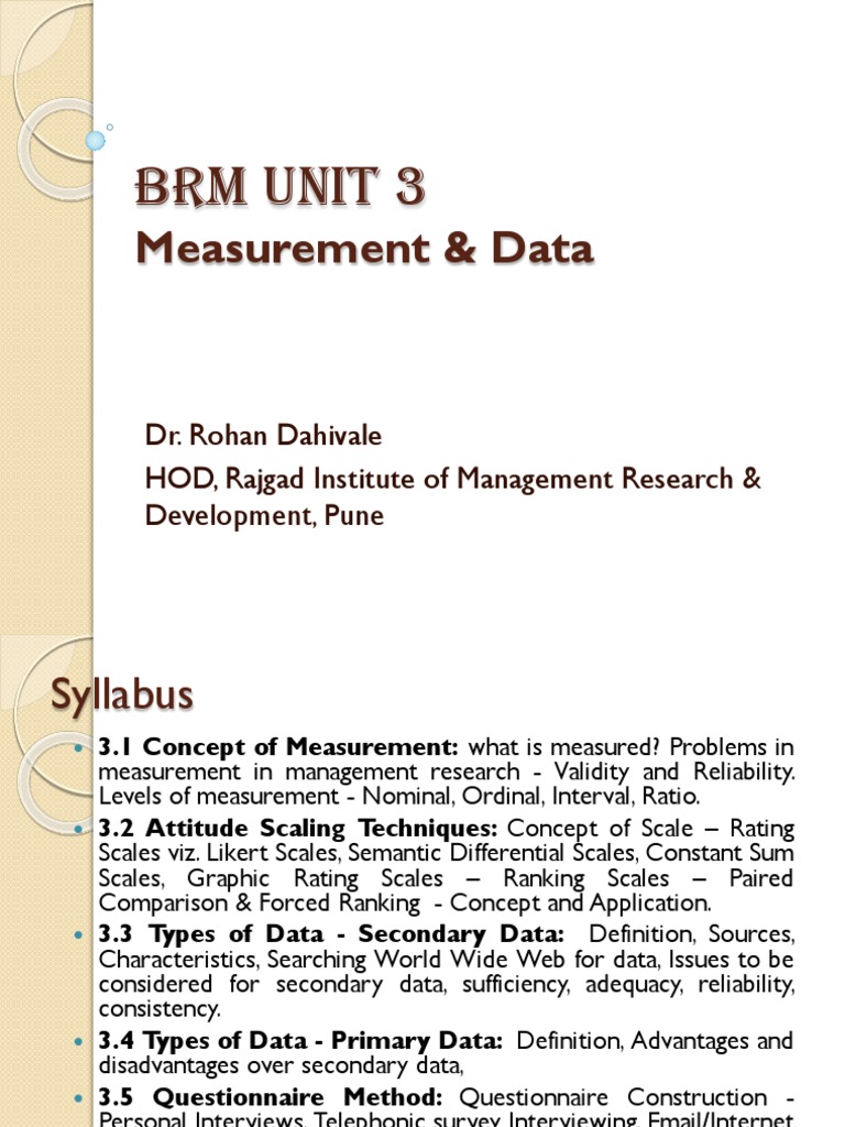 BRM Unit 3: Measurement & Data | PDF | Level Of Measurement | Survey Methodology