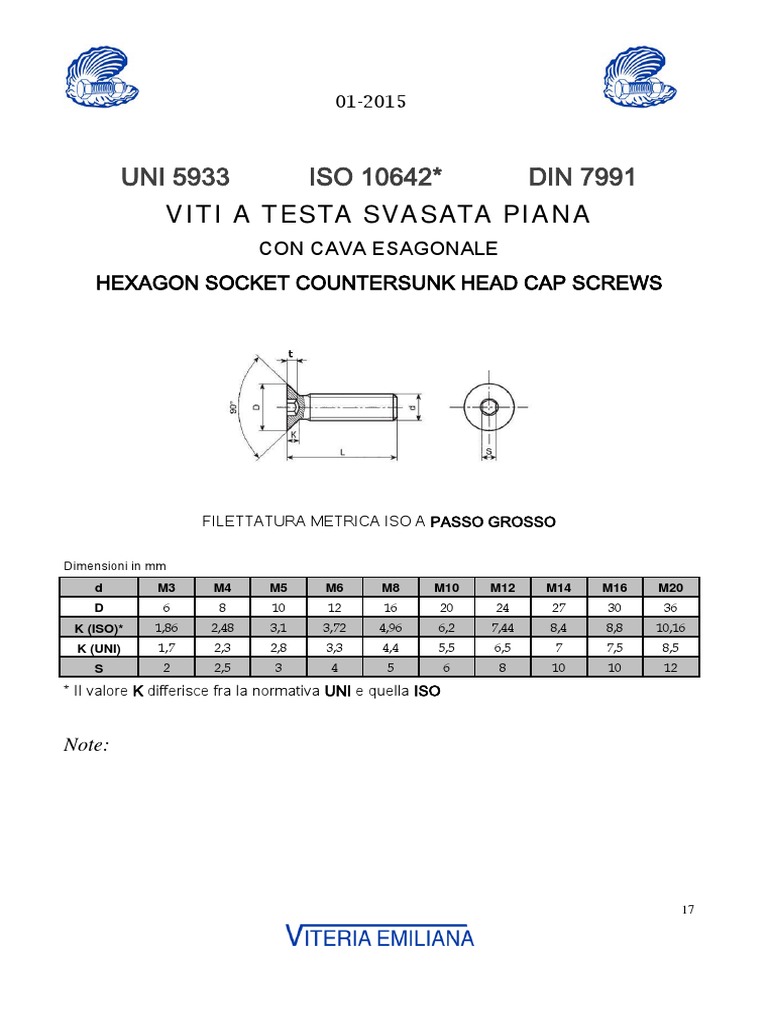 Uni 5933 Iso 10642 Din 7991: Viti A Testa Svasata Piana | PDF