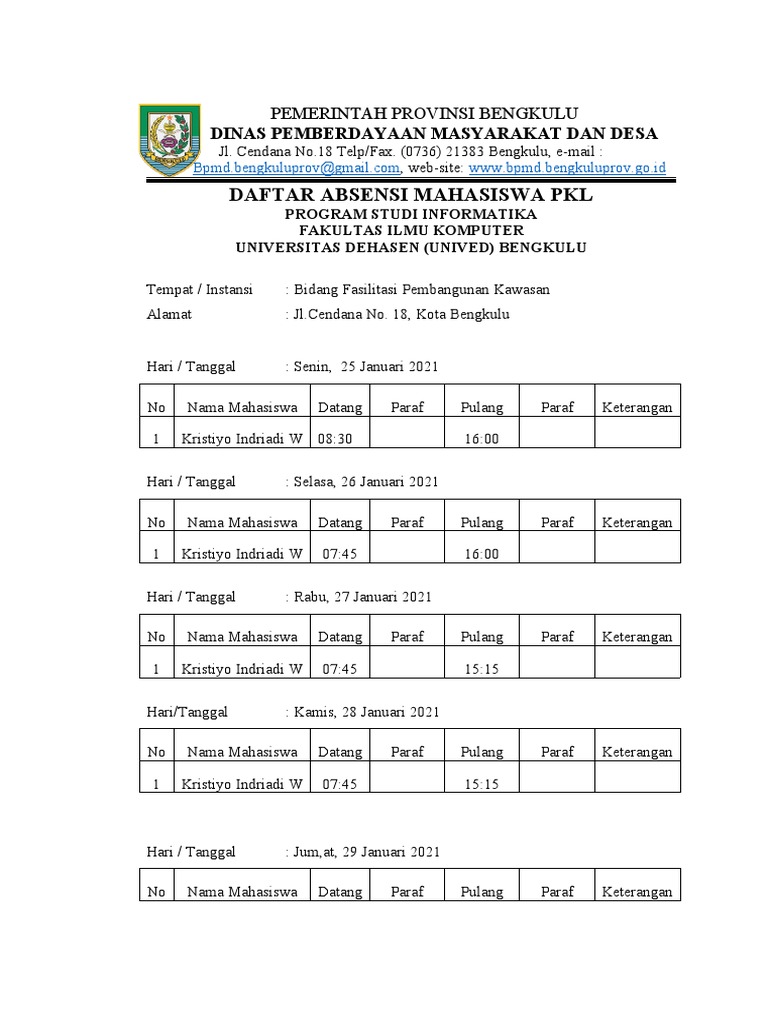 Absensi PKL 1 | PDF | Ilmu Sosial