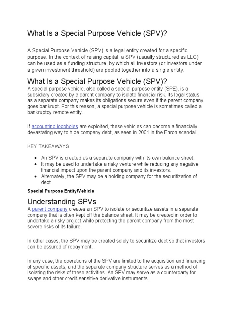 What Is A Special Purpose Vehicle | PDF | Securitization | Investor