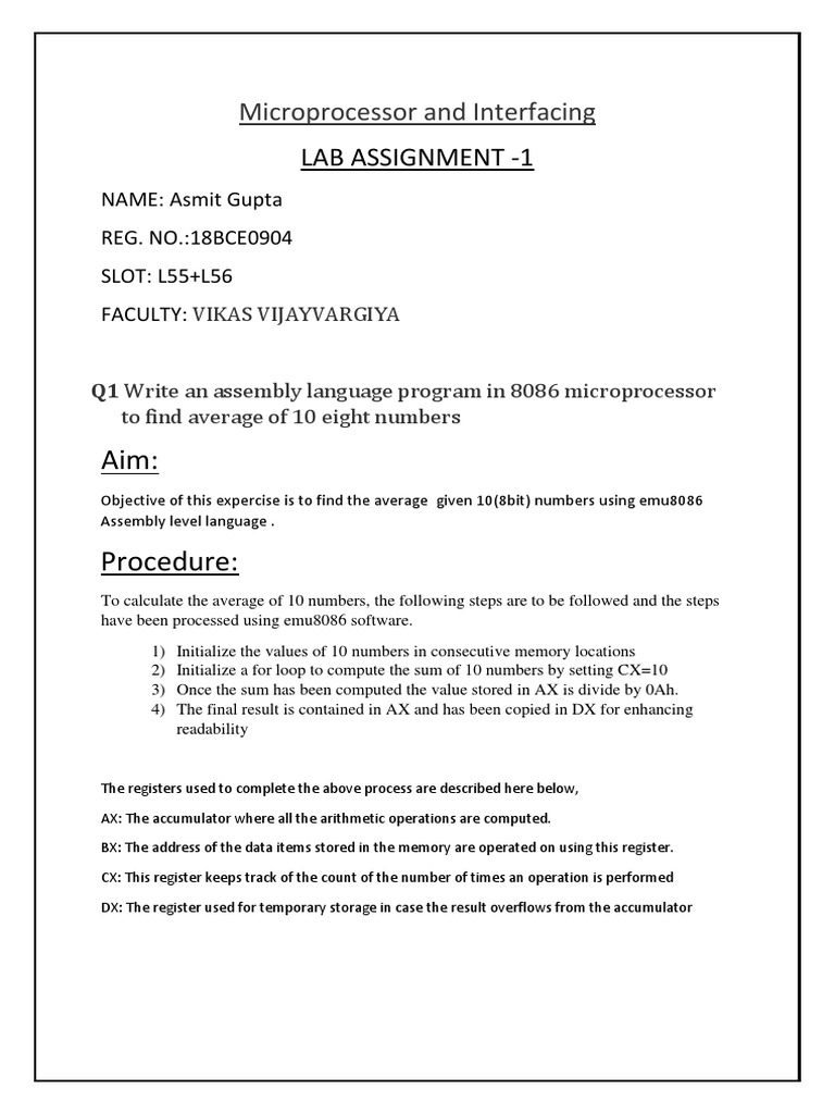 8086 Assembly Language Lab Assignment | PDF | Computer Programming ...