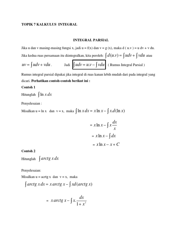 Vdu Udv V U D Vdu Udv Uv Vdu V U Udv: Topik 7 Kalkulus Integral | PDF | Metode & Bahan Ajar