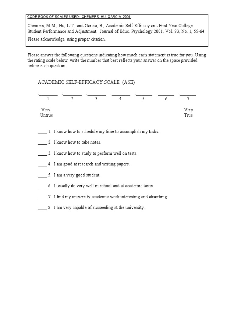 Academic Self-Efficacy Scale (Ase) : Code Book of Scales Used: Chemers ...