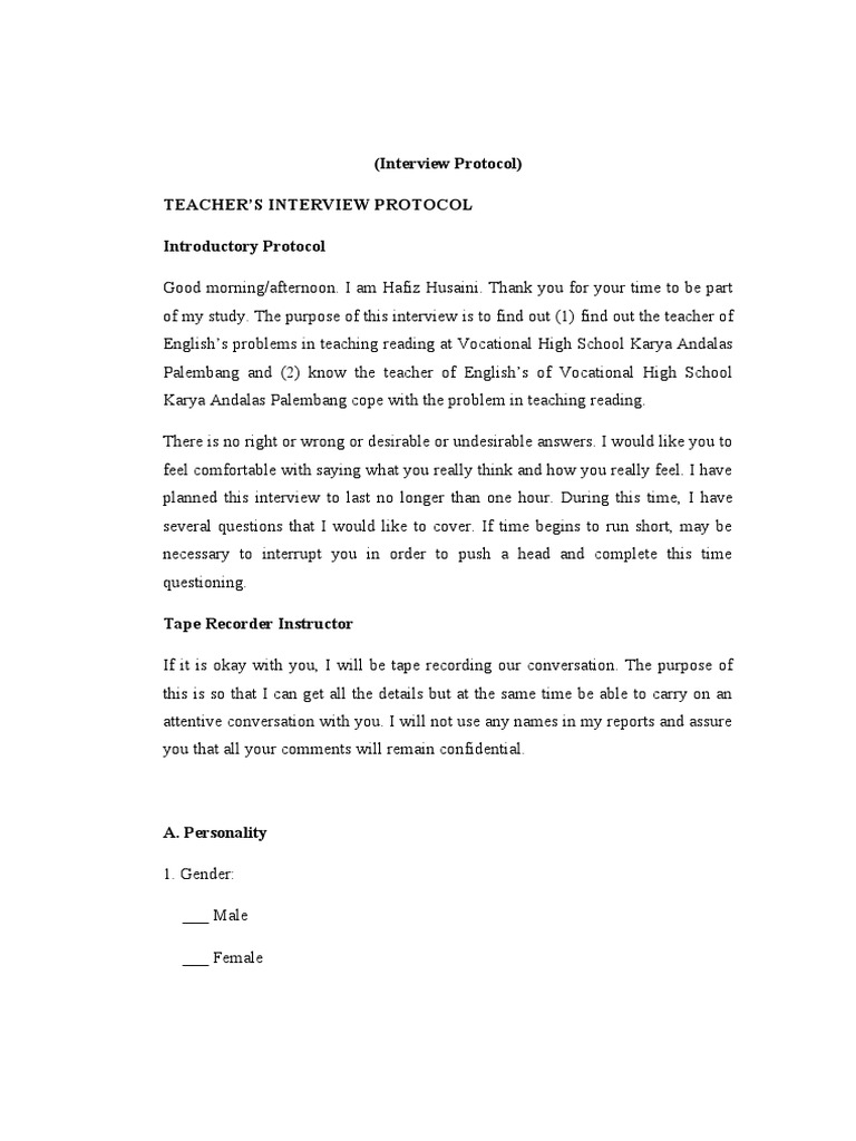 (Interview Protocol) Teacher'S Interview Protocol Introductory Protocol ...