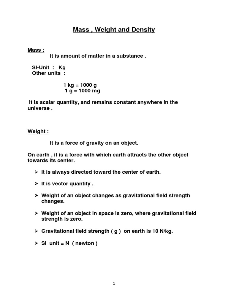 Mass, Weight and Density | PDF | Weight | Density