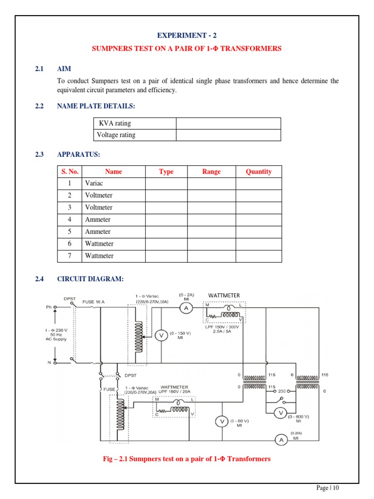 Sumpners Test On A Pair Of 1-Φ Transformers: Experiment - 2 | PDF ...