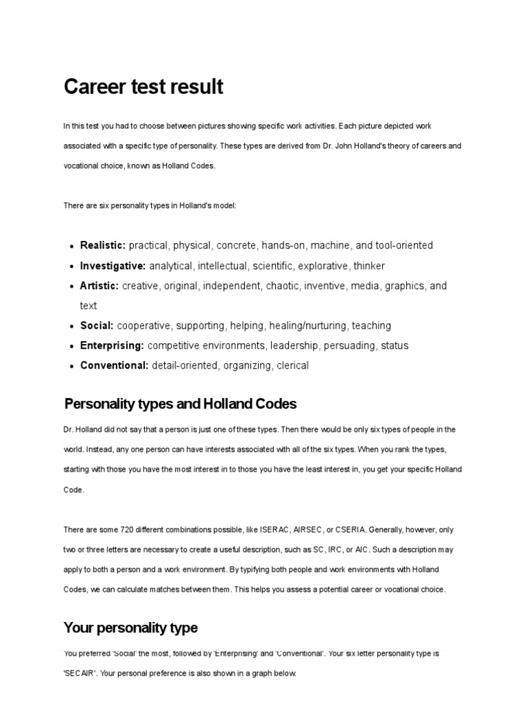 Career Test Result - Free Career Test Taking Online at | PDF ...