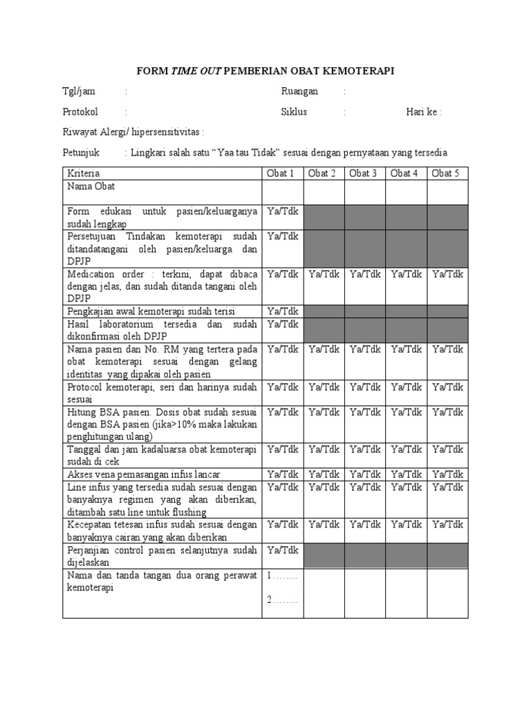 Form Time Out Pemberian Obat Kemoterapi | PDF