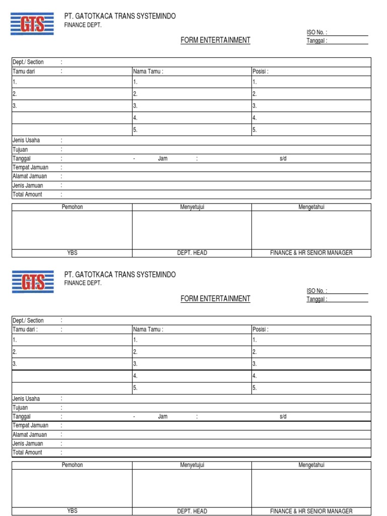 Formulir Biaya Entertainment PT Gatotkaca | PDF