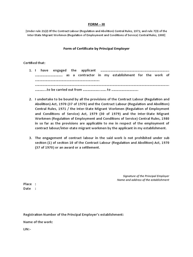 Form III - Principal Employer Certificate | PDF | Law | Technology ...