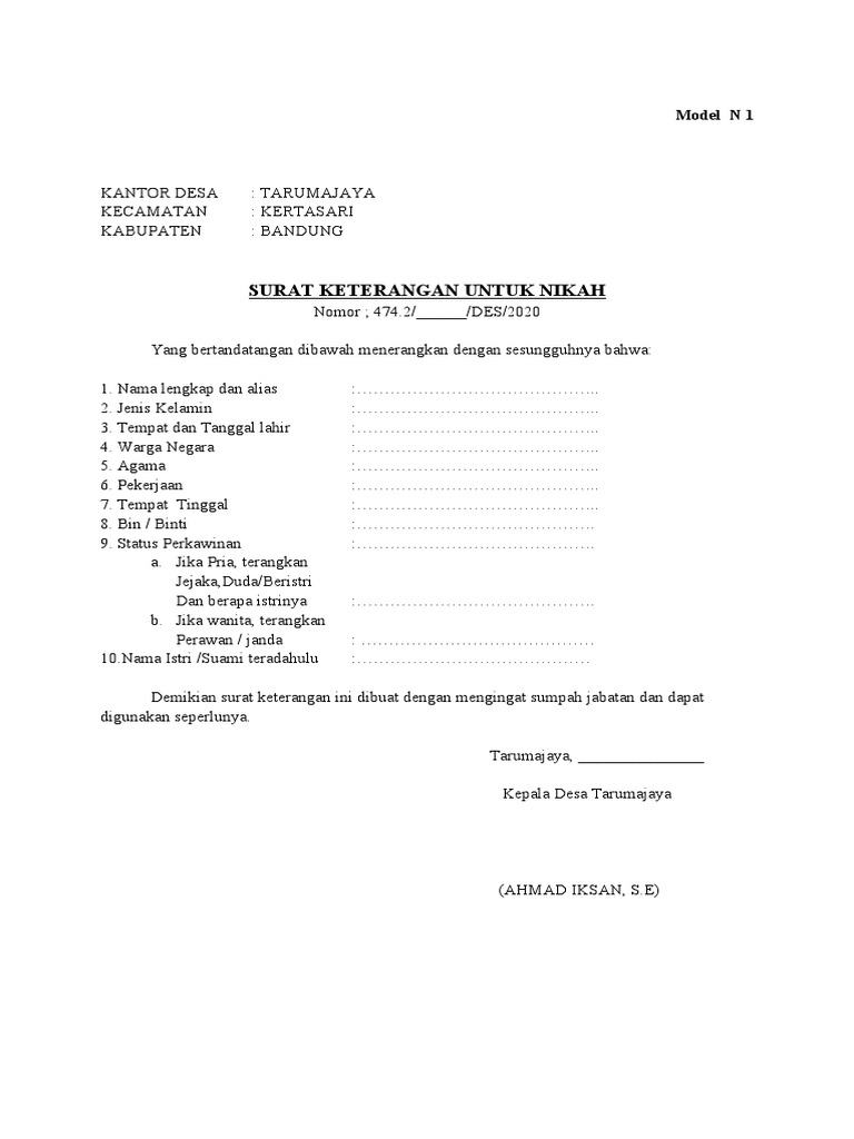 Surat Keterangan Untuk Nikah: Model N 1 | PDF